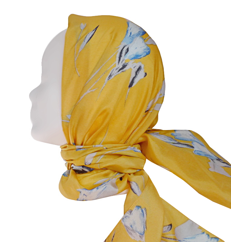 hochwertiger Damen Seidenschal mit Blumen, gelb, blau, grau